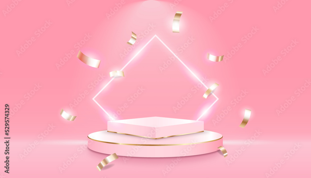 Pink podium with gold lines on a neon elution light and a glowing ...