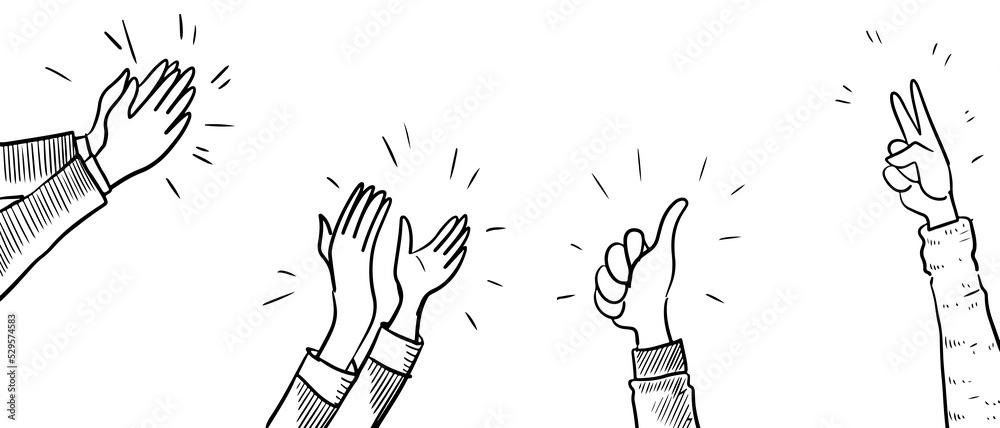 Applause hand draw, doodle clapping ovation. thumbs up gesture isolated ...