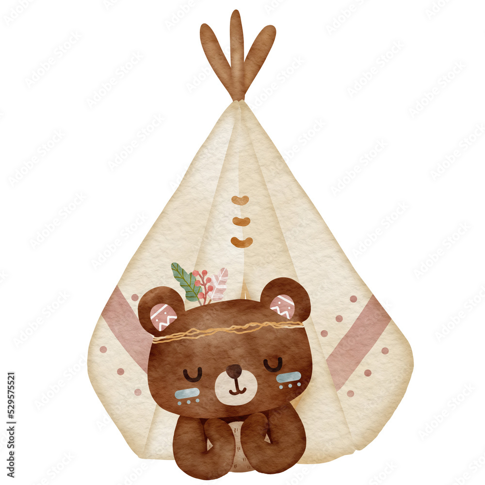 Cute teddy bear sleeping in tipi tent boho style watercolor ...