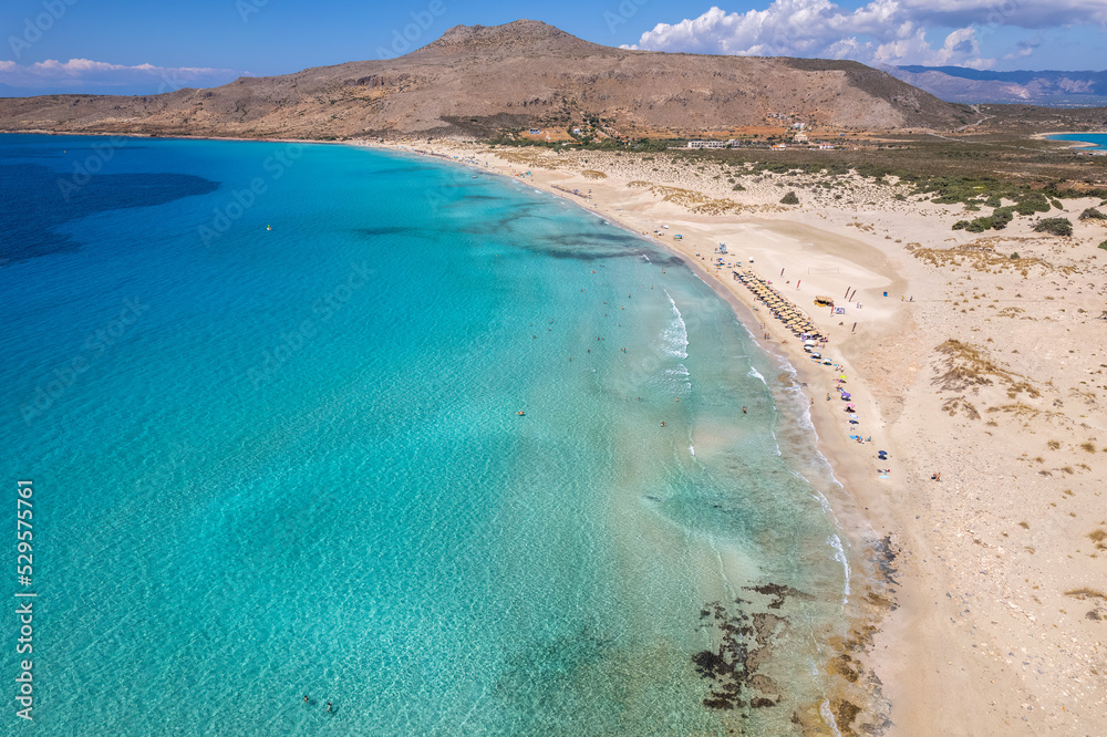 Aerial view of Simos beach in Elafonisos. Located in south Peloponnese ...