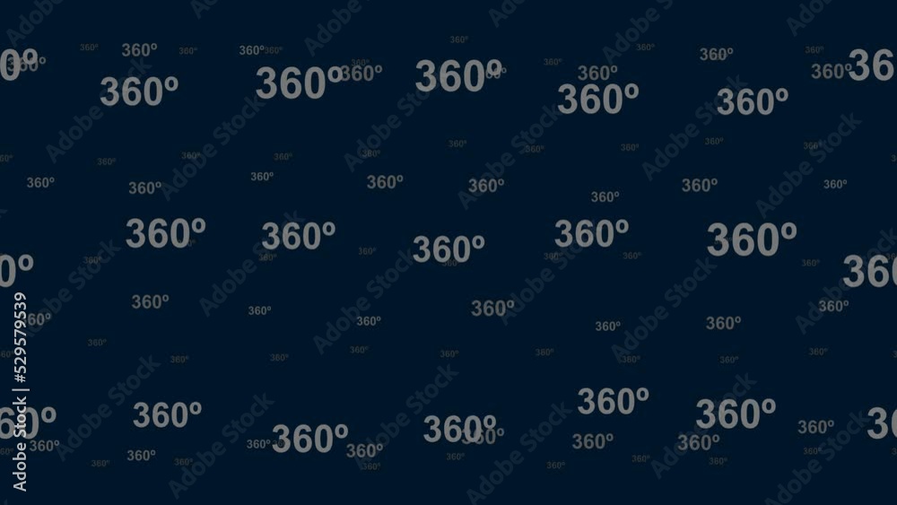 360 degree symbols float horizontally from left to right. Parallax fly effect. Floating symbols ...