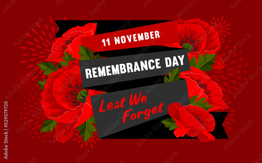 Remembrance Day card. Lest We forget. Black ribbon with text and ...