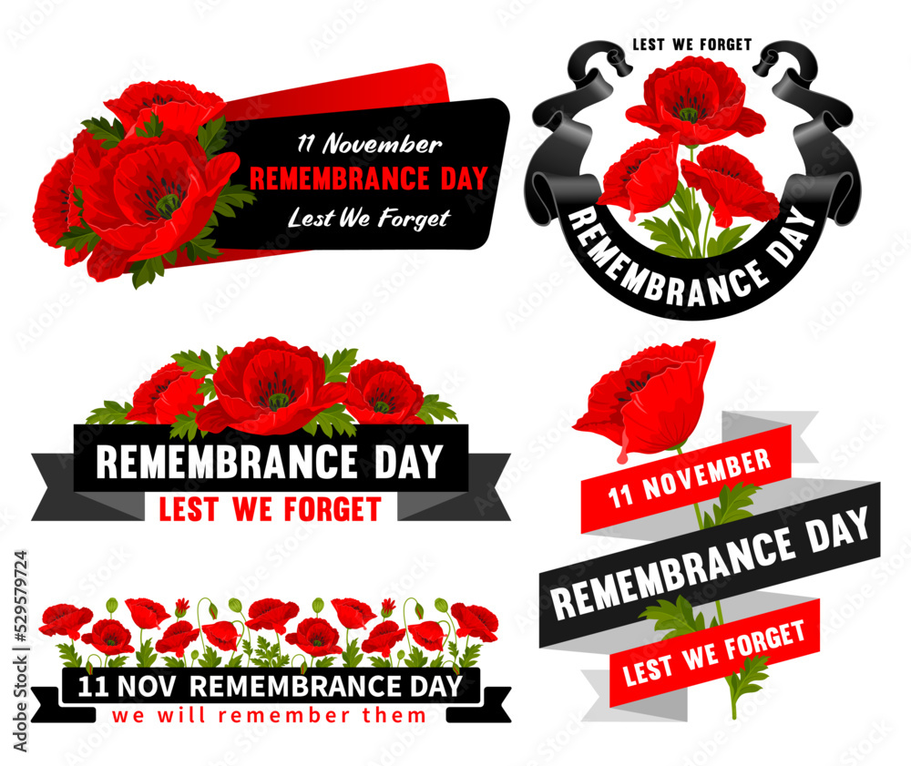 Set of emblems for Remembrance Day. Lest We forget. Cartoon red poppy ...