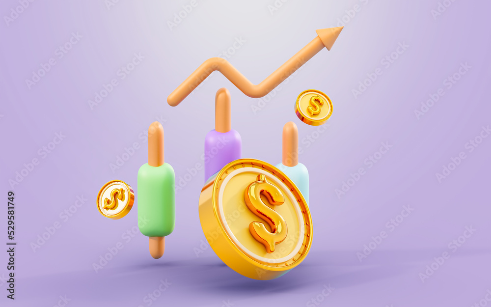 business line chart up arrow with dollar coin sign 3d render concept ...