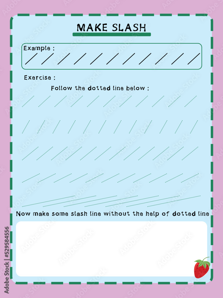 kindergarteen activity sheet make slash line in pink color background ...