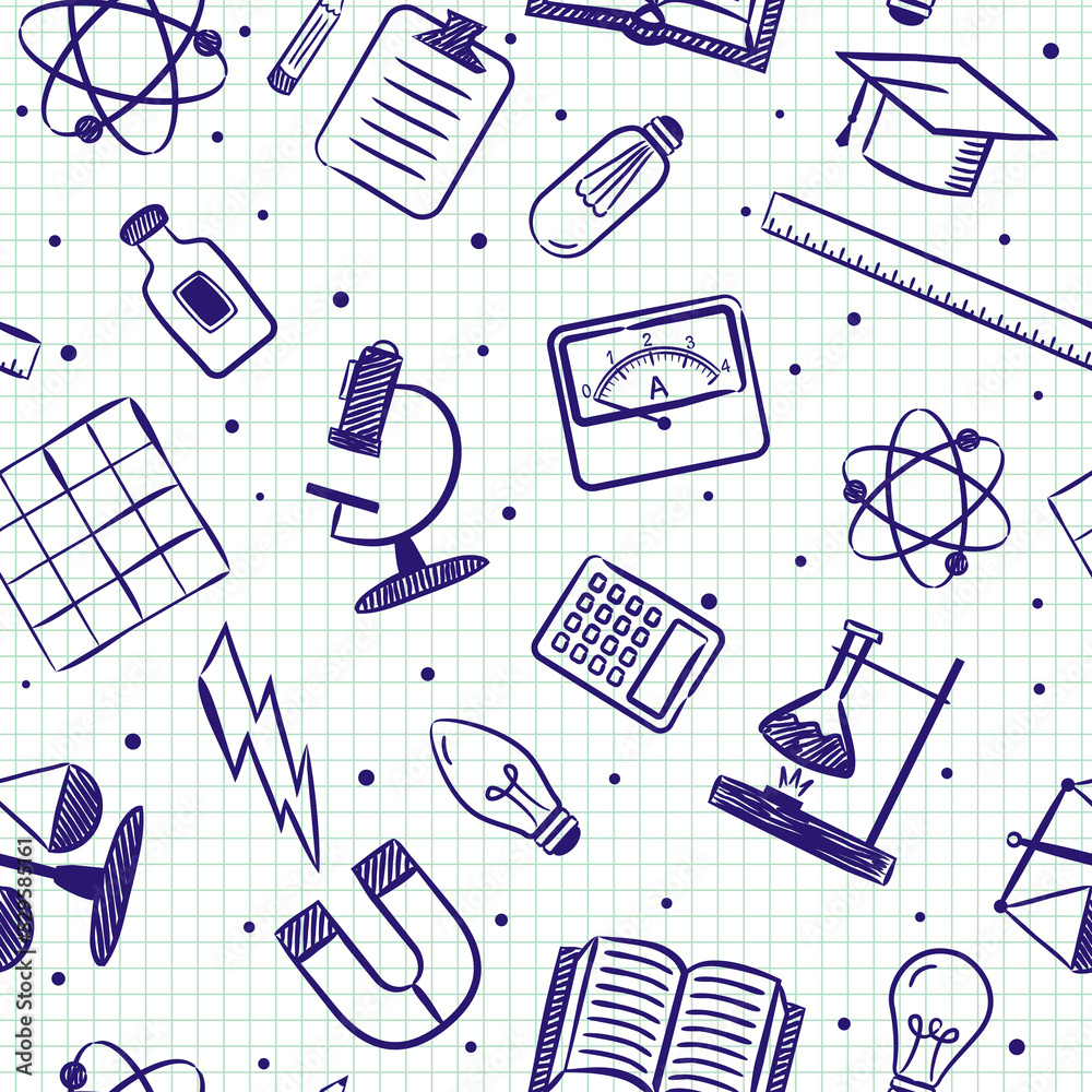 Seamless doodle pattern with school physical elements. Pattern with hand drawn education objects ...