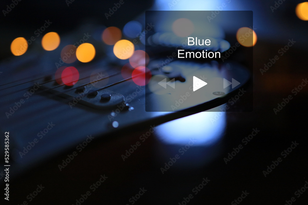 Blue emotion and play audio icon with electric guitar background ...