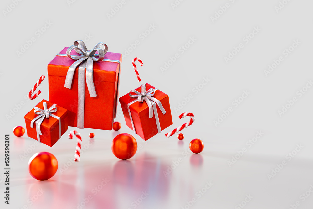 Rendering of a set of gift boxes in 3D space, free-floating against a ...