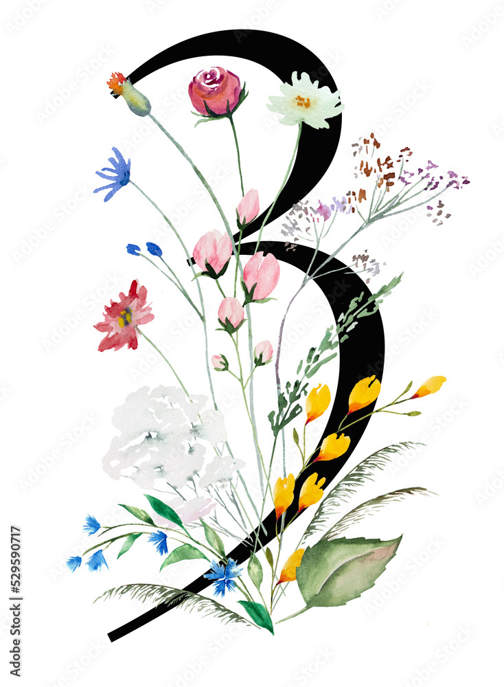 Black number 3 with watercolor wildflowers and leaves bouquet, Summer ...