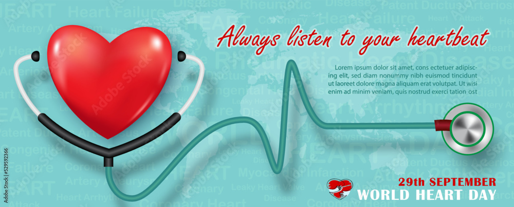 Vecteur Stock Red heart with stethoscope in 3d style with wording of ...
