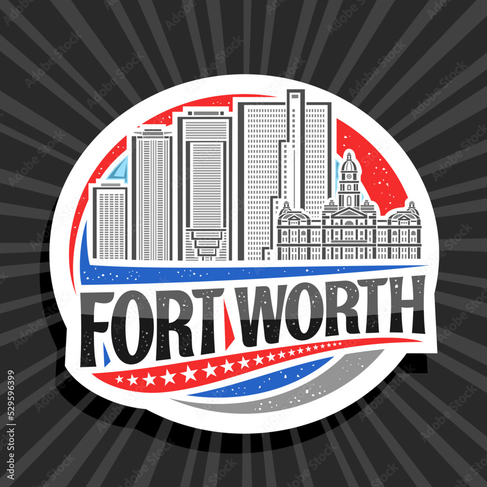 Vector logo for Fort Worth, white decorative label with illustration of ...