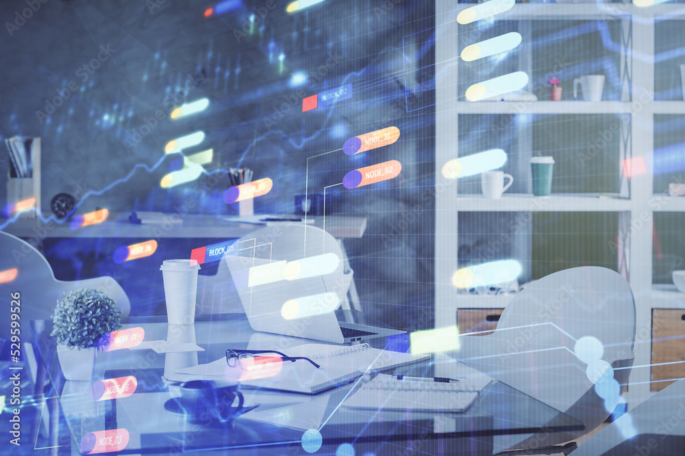 Double exposure of data theme drawing and office interior background ...