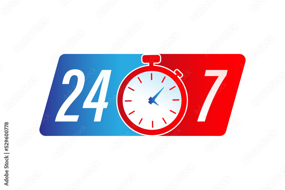 24-7 service concept. Stopwatch icon, 24 7 service. 24-7 open concept ...