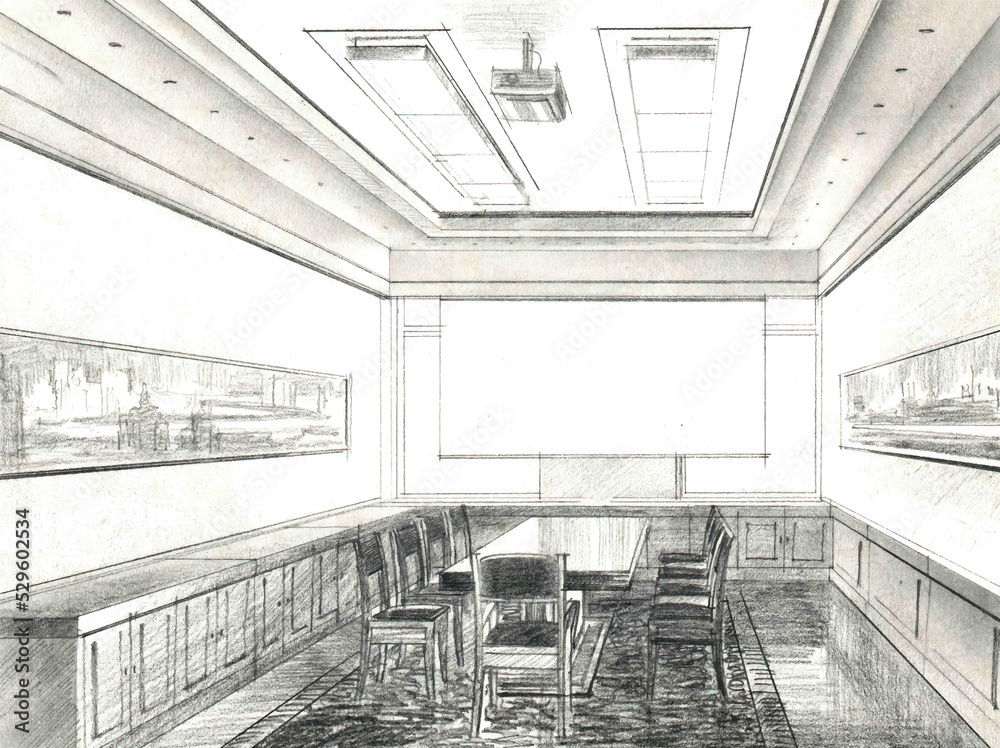 Pencil sketch of the interior of a public building. Meeting room ...