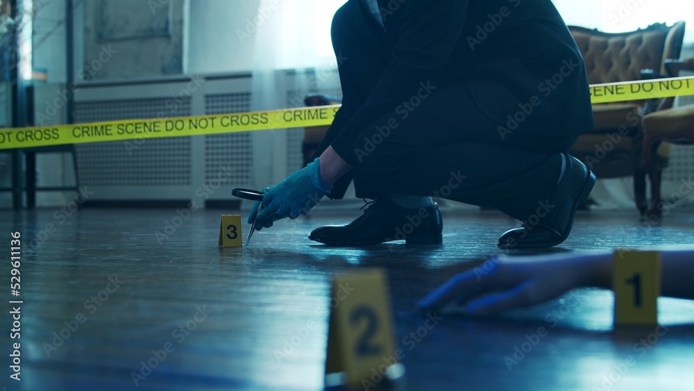 Detective Collecting Evidence in a Crime Scene. Forensic Specialists ...