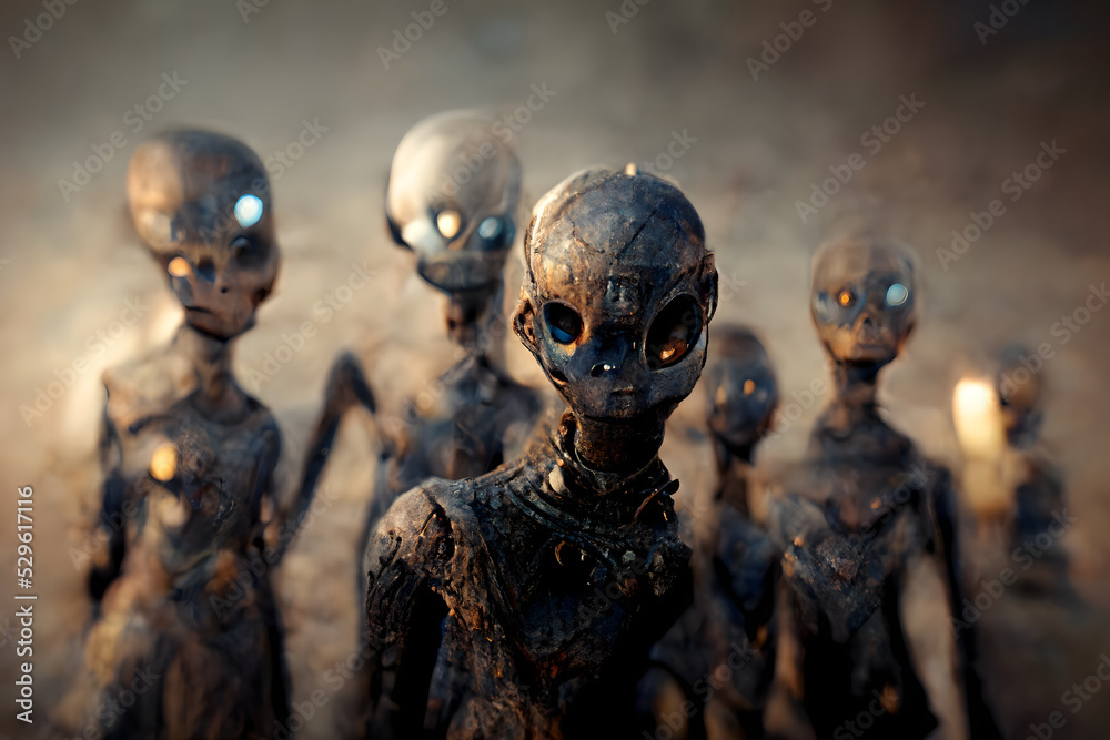 group of ugly barely humanoid aliens in ominous misty atmosphere ...
