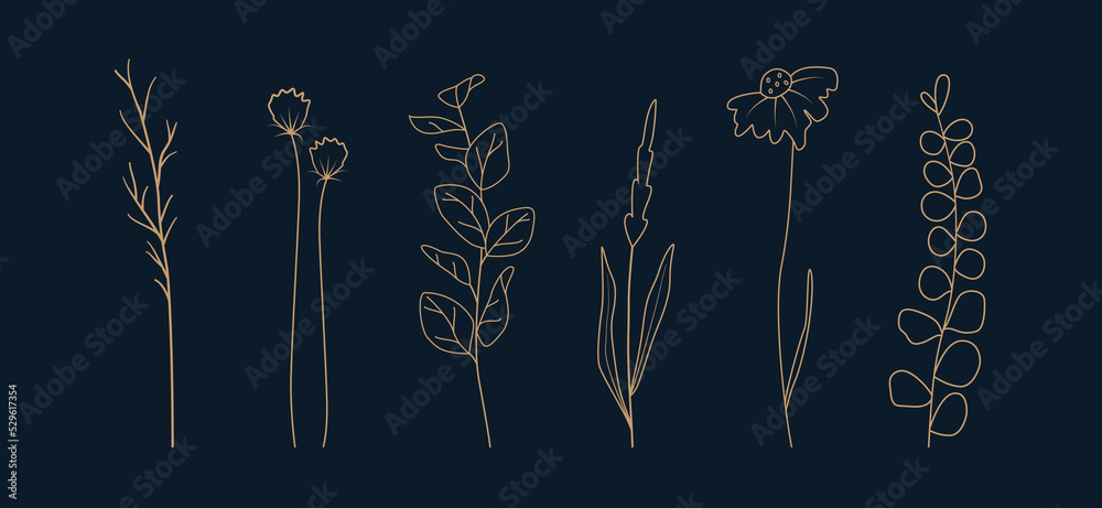 Set of golden hand drawn tree leaf design elements vector Stock Vector ...