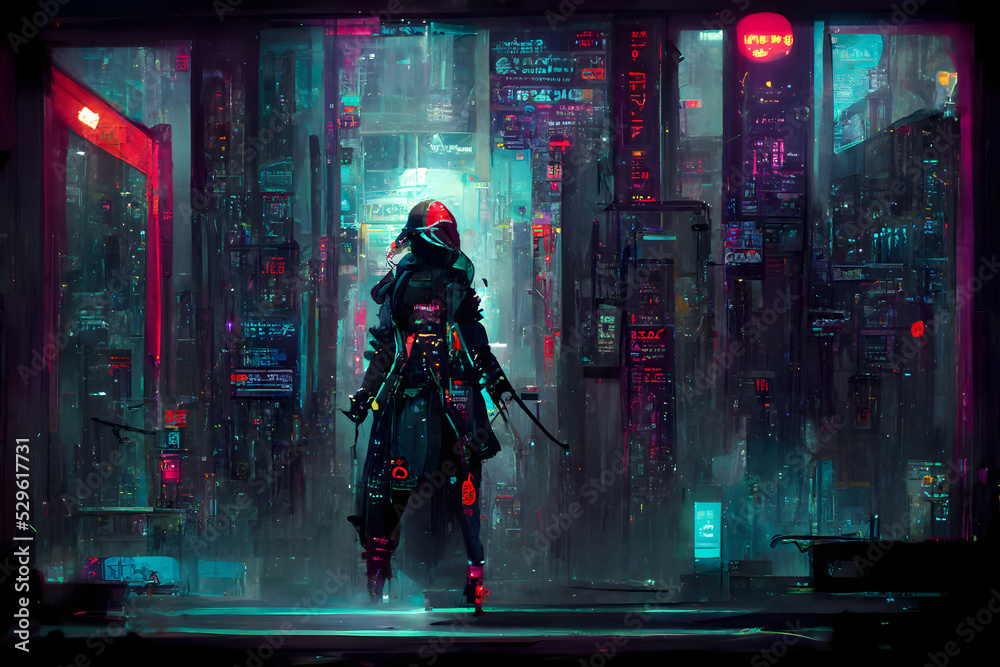cyberpunk assasin figure in night cyberpunk style neon illuminated city ...