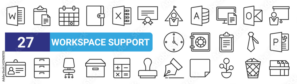 Vetor de set of 27 outline web workspace support icons such as word ...
