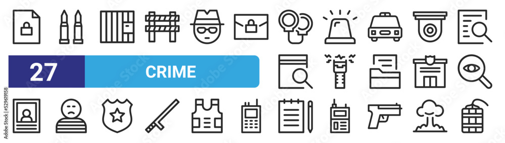 set of 27 outline web crime icons such as secret, bullets, prison ...