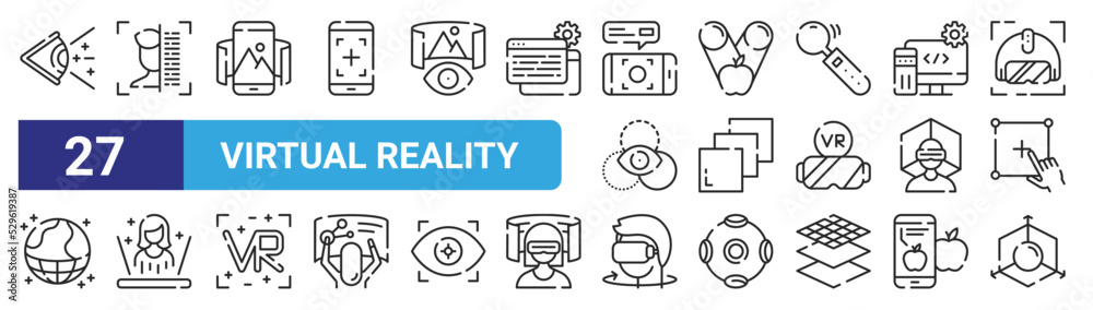 set of 27 outline web virtual reality icons such as vision, face ...