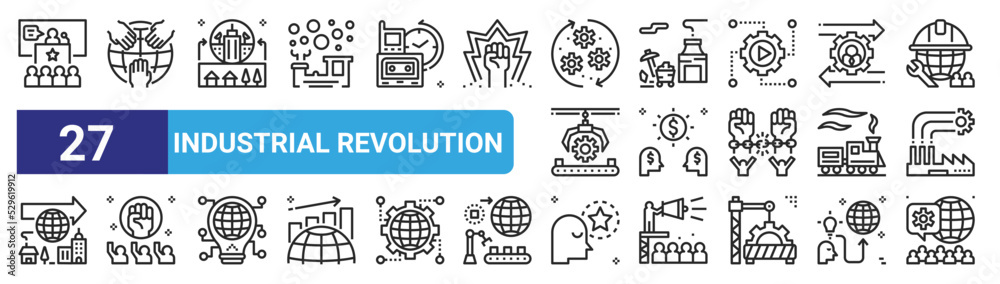 set of 27 outline web industrial revolution icons such as political ...