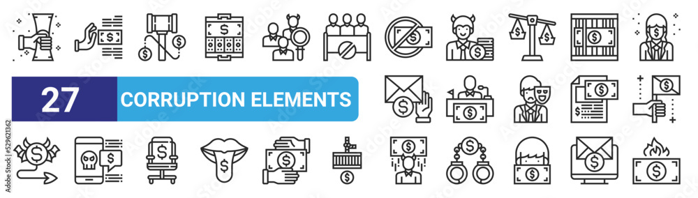 set of 27 outline web corruption elements icons such as suborn, refuse, hammer, cheater, vote ...