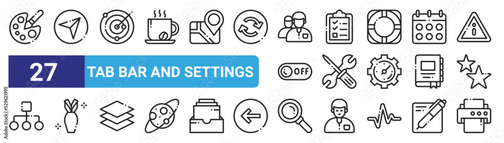 set of 27 outline web tab bar and settings icons such as color palette, directional, universe ...