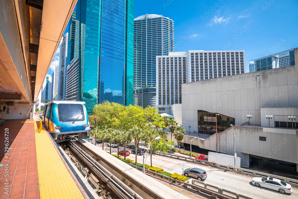 Miami downtown skyline and futuristic mover train view Stock Photo ...