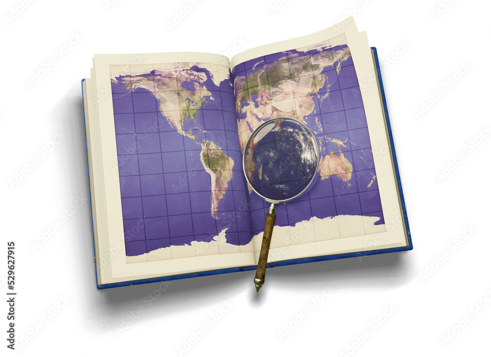Old cartography book of world map with magnifying glass. PNG image with ...