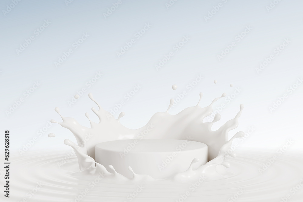 Milk splash with white podium, mockup background for milk product ...