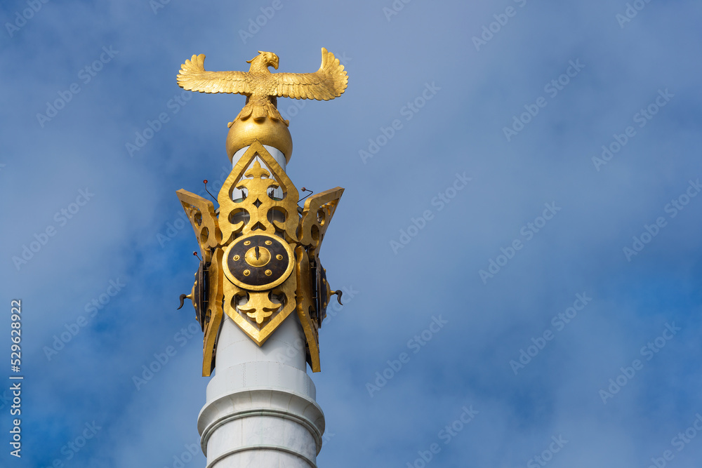 The monument "Kazakh Eli" ("Kazakh country") with the mythical bird ...
