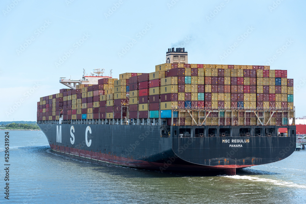 Container ship "MSC REGULUS" on her way out of the port Savannah, she ...