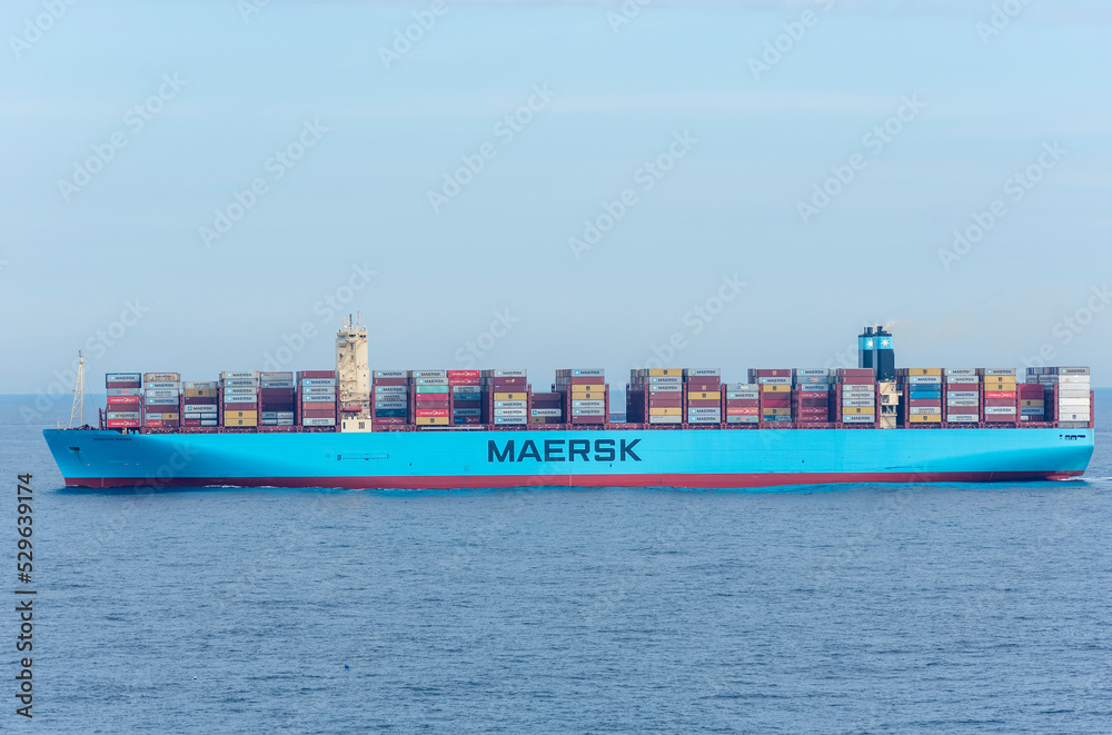 Maersk owned container ship "Moscow Maersk" sailing through the calm ...