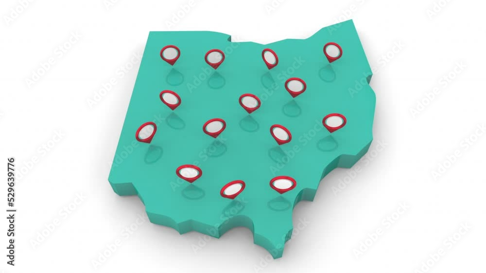 Ohio State Map OH Pin Locations Cities Background 3d Animation Stock ...