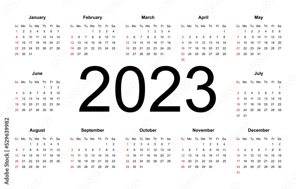 Calendar template for 2023 year. Week starts from Sunday. Isolated ...