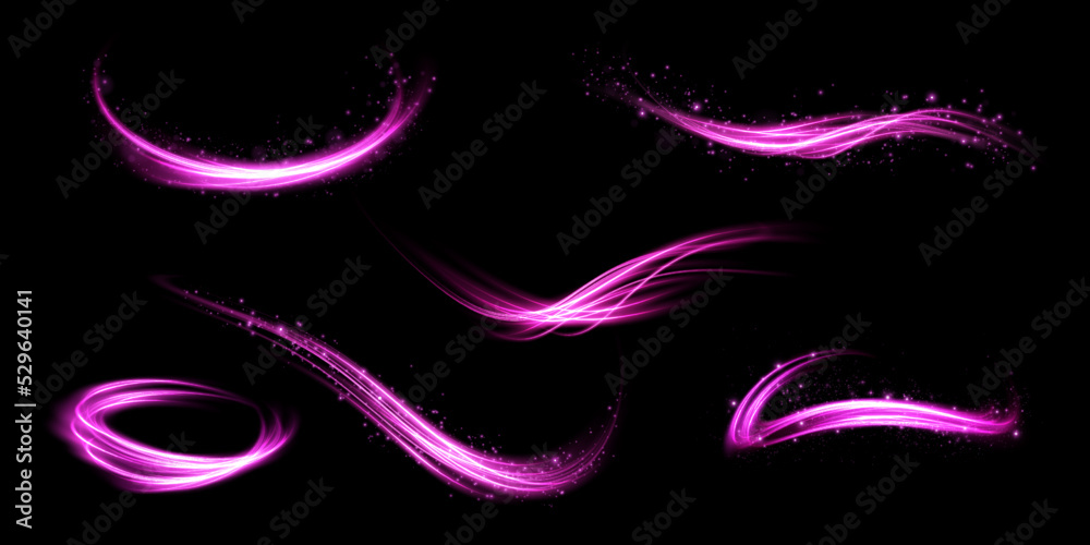 Set of abstract light lines of movement and speed. light purple ellipse ...