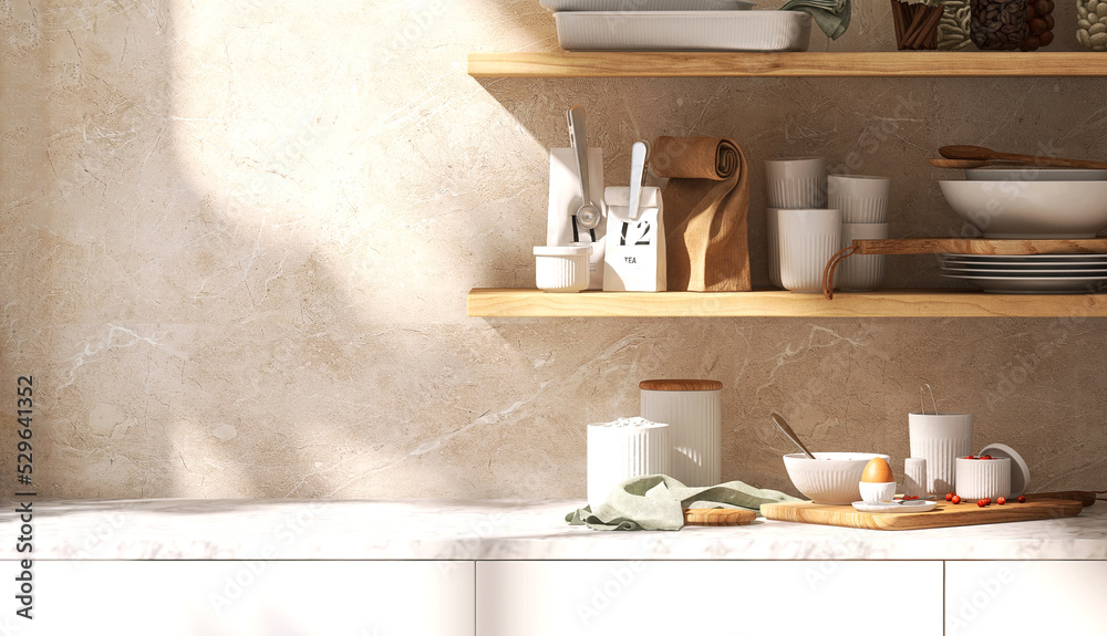 3D render close up blank empty space on beautiful wooden kitchen ...