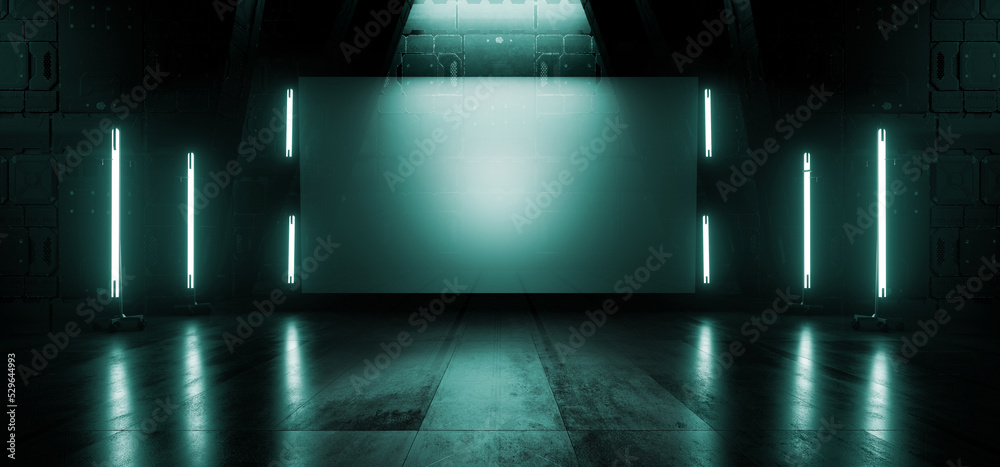 Sci Fi Futuristic Stage Empty Blank Screen Showroom Neon Glowing Green ...