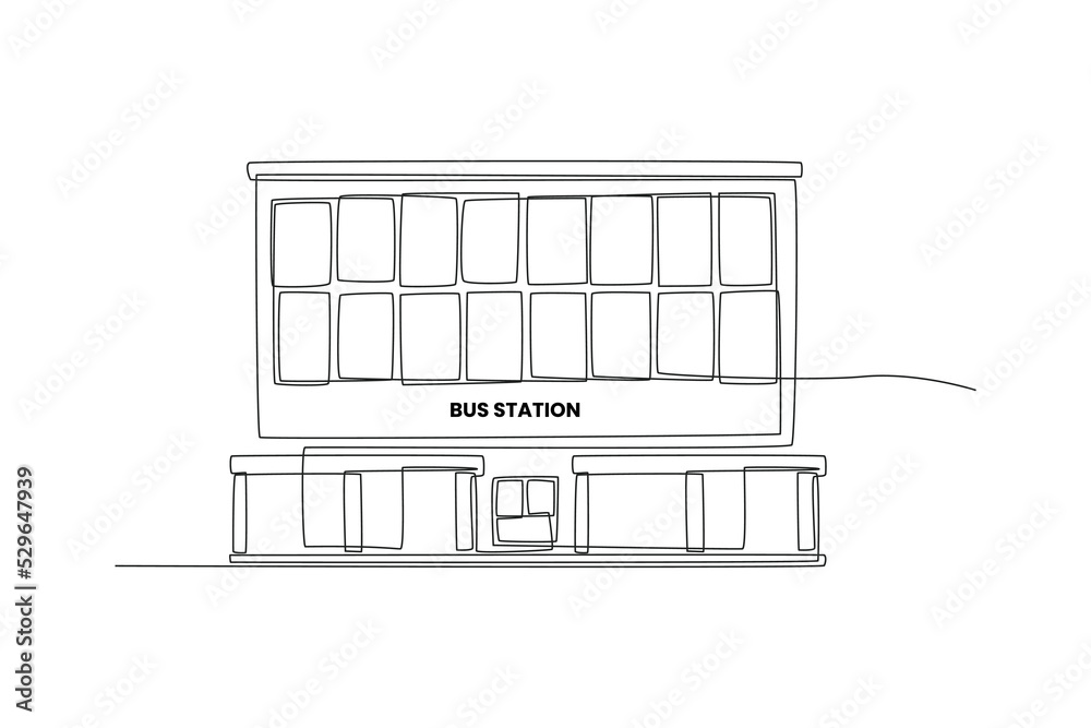 Continuous one line drawing bus station. Building and office concept ...