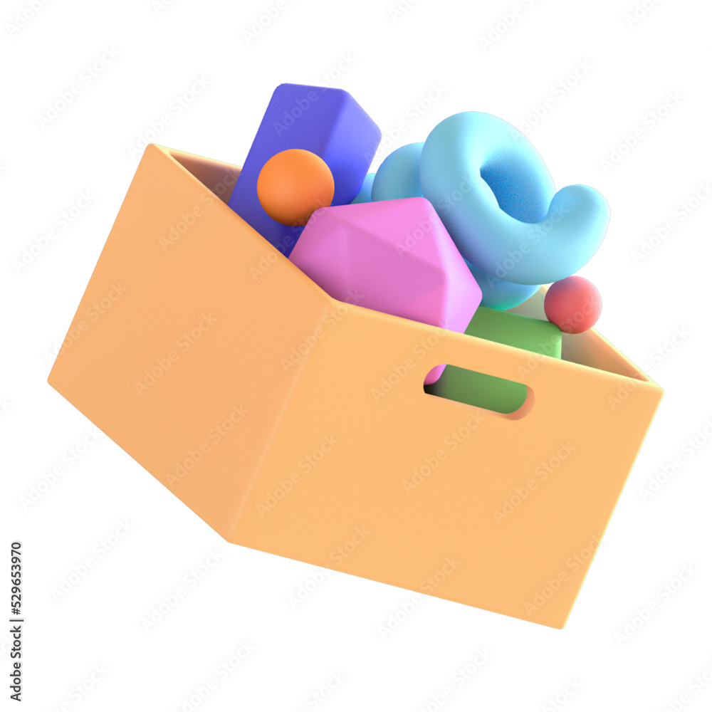 3d floating element office box with random things icon Stock ...