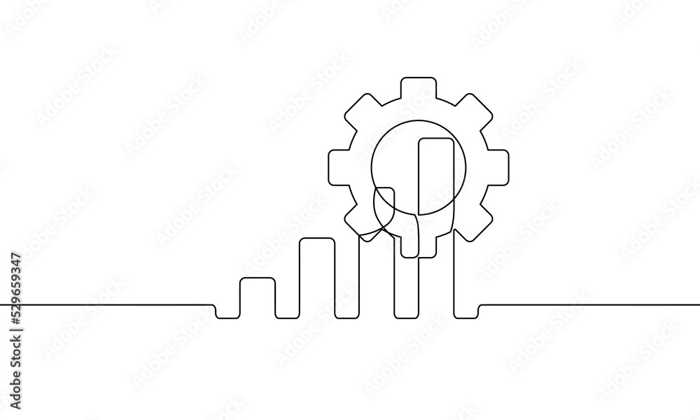 Continuous line drawing of graph icon business, gear symbol sign, bar chart with cogwheel, cog ...