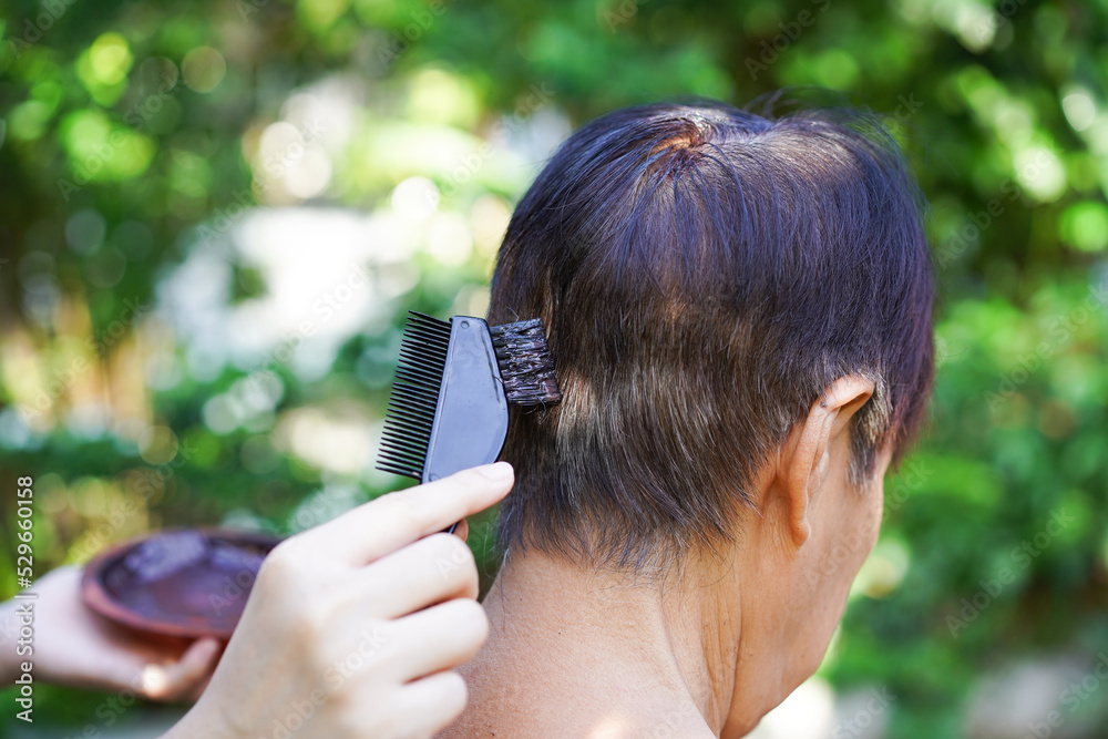 process of a daughter having her mother's hair dyed at home, hair ...