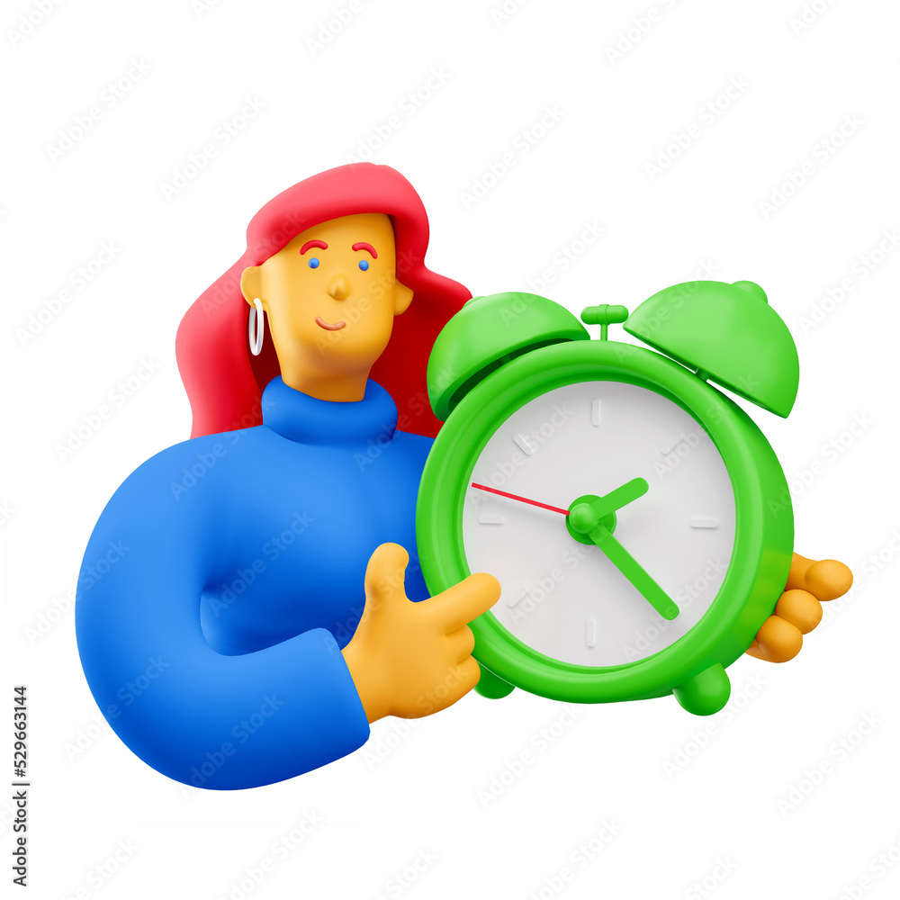 3d illustration. Cartoon girl 3d character with big watch. Time ...