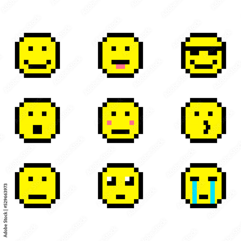 Pixel icons pack isolated on white background. Smile, tongue out ...