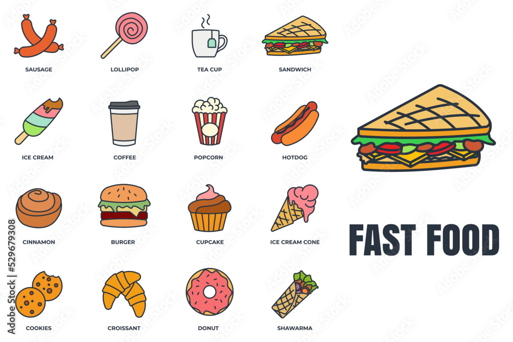Set of fast food icon logo vector illustration. ice cream, popcorn ...