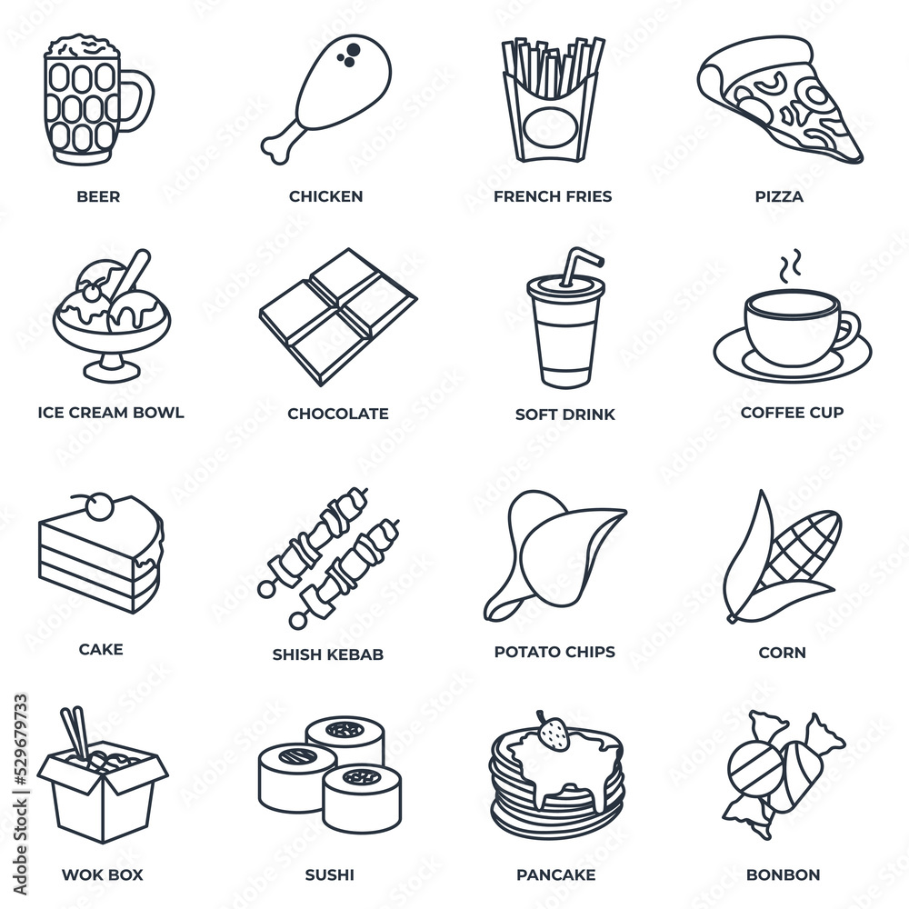 Set of fast food icon logo vector illustration. chocolate bar, soft ...
