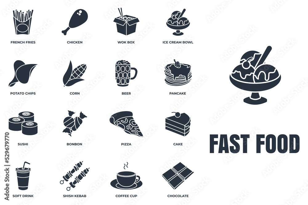 Set of fast food icon logo vector illustration. chocolate bar, soft ...