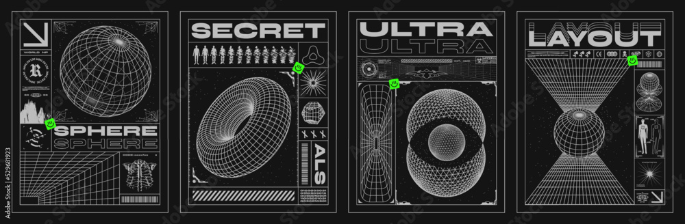 Retro futuristic posters with 3D wireframes of spheres and torus. With ...