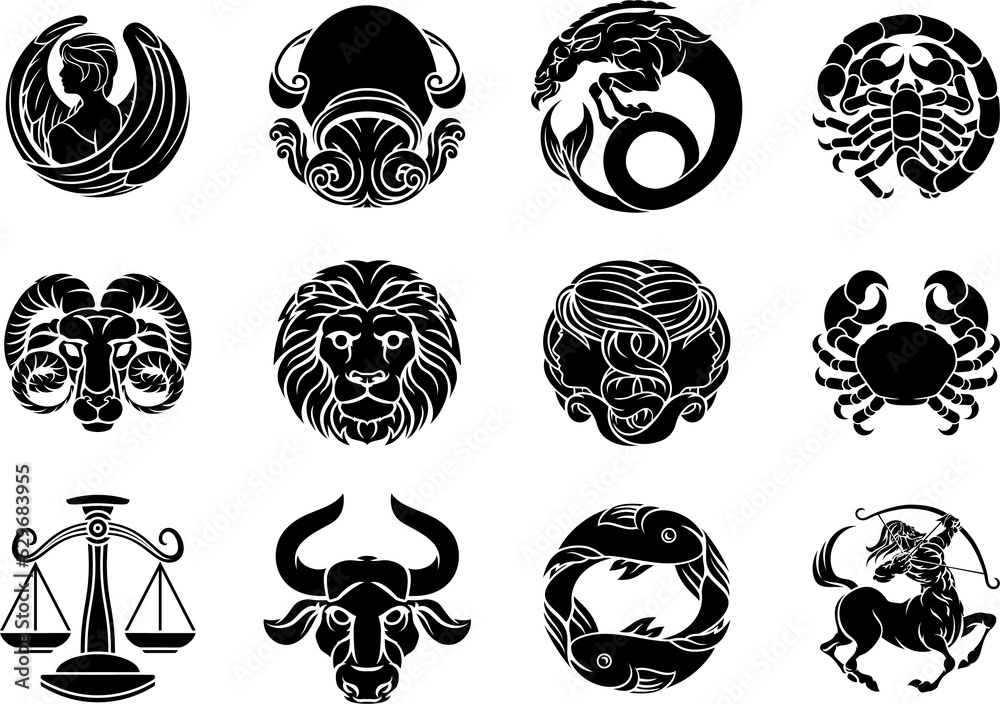 Zodiac Horoscope Astrology Star Signs Symbols Set Stock Illustration